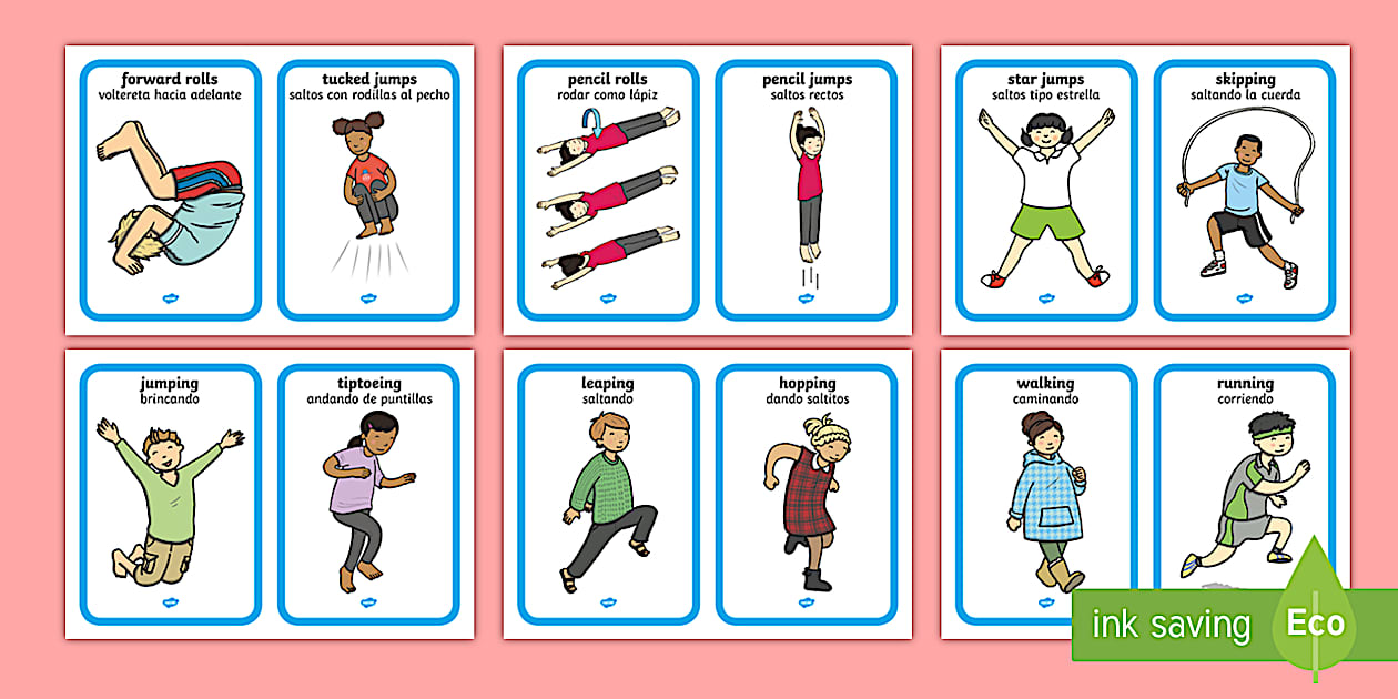 PE Physical Action Word and Picture Cards - English / Spanish - PE Physical