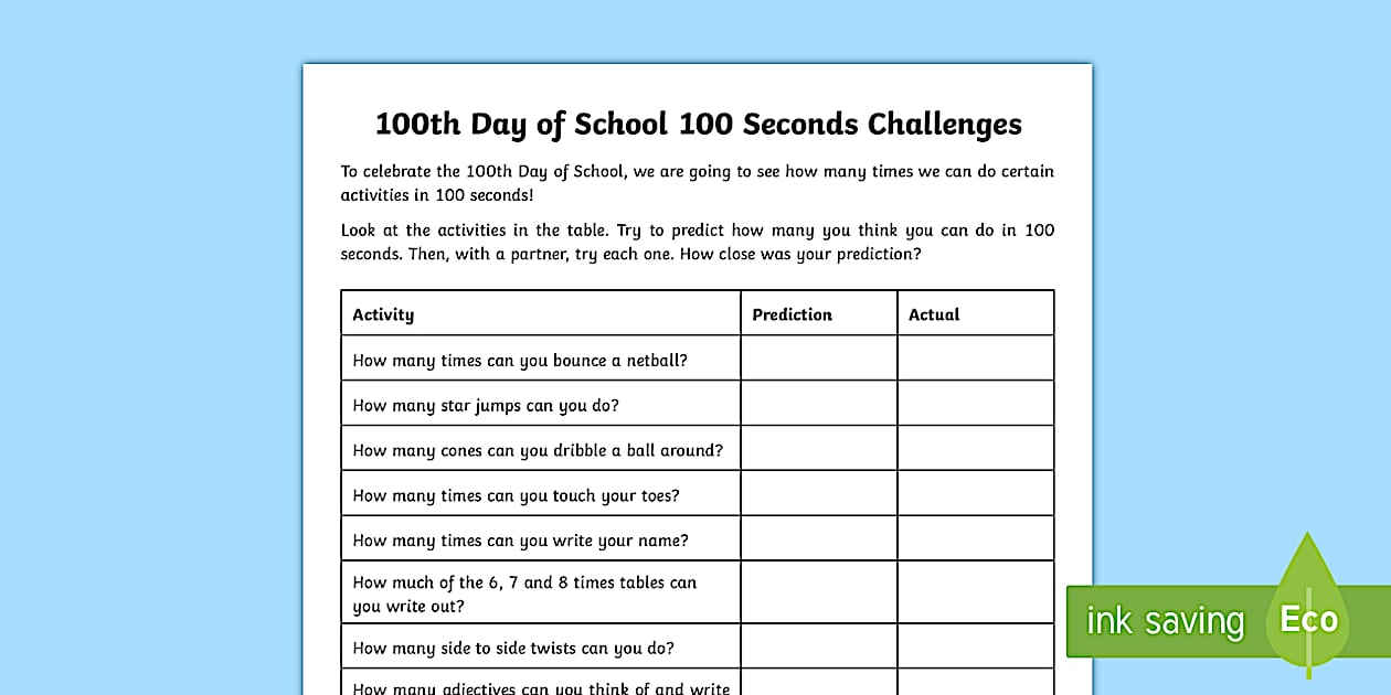 100 Days of School '100 Second Challenges' Worksheet / Worksheets