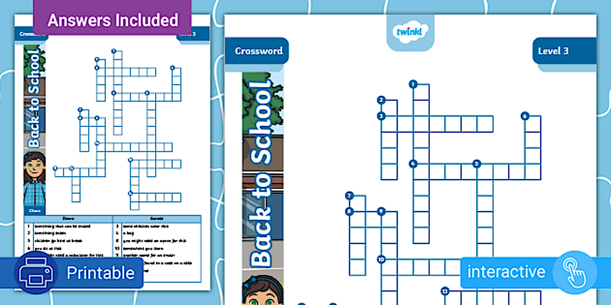 Back to School Crossword - Level 3 - Twinkl - Kids Puzzles