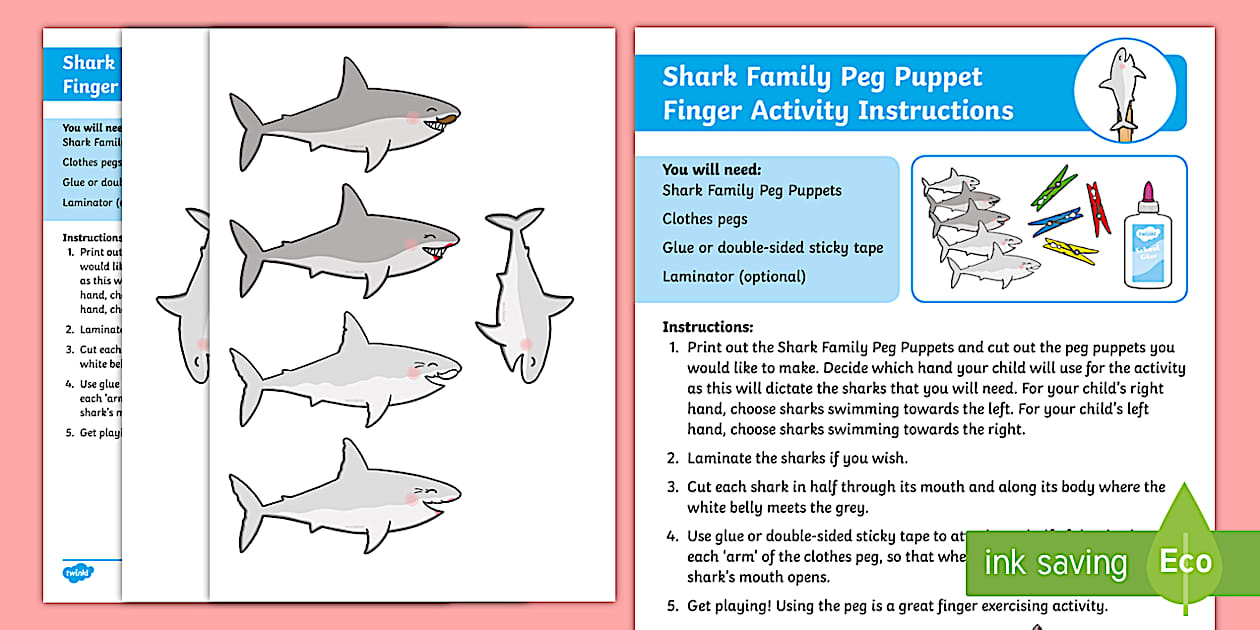 Black and White Shark Family Peg Puppet Finger Activity
