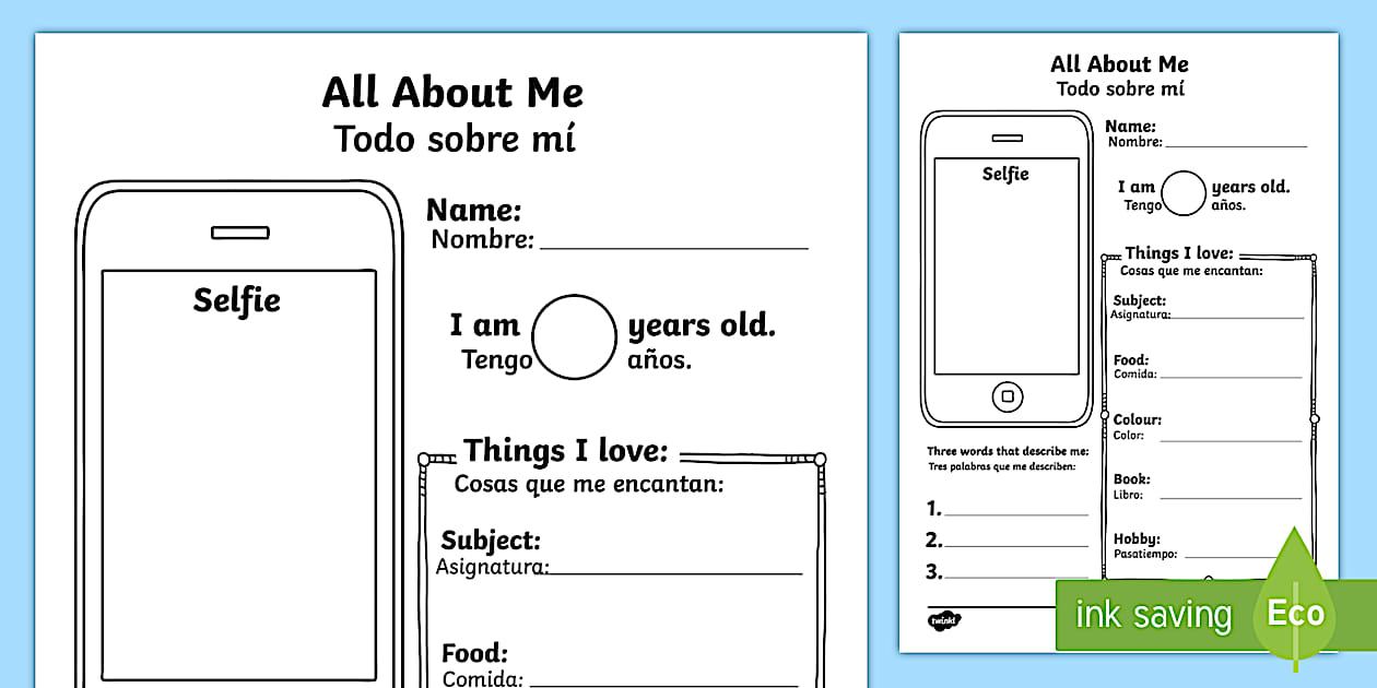 All About Me Selfie Worksheet / Worksheet - English/Spanish