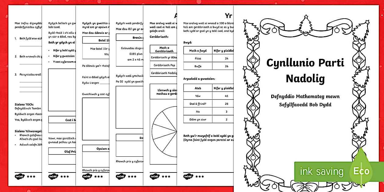 Datrys Problemau Mathemategol Cynllunio Parti Nadolig Taflenni Gwaith