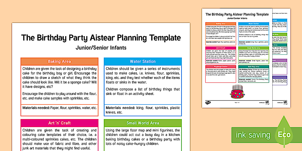 Editable The Birthday Party Aistear Planning Overview