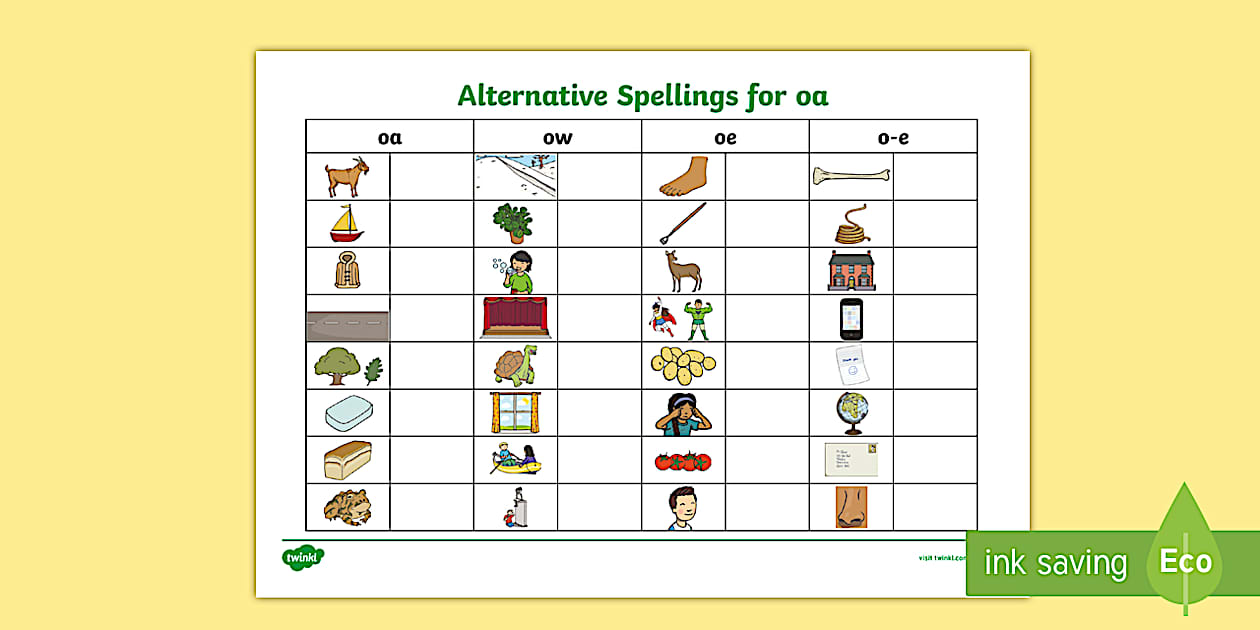 Alternative Spellings oa/oe/ow/o-e Table Worksheet - KS1