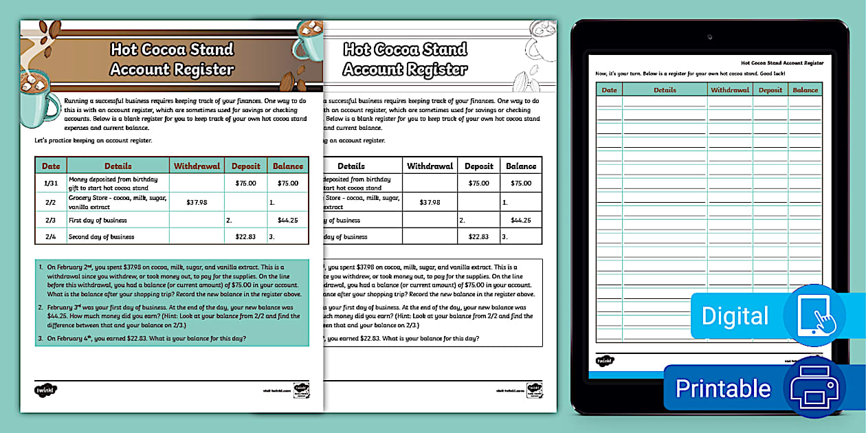 Hot Cocoa Stand Account Register Worksheet for 3rd-5th Grade