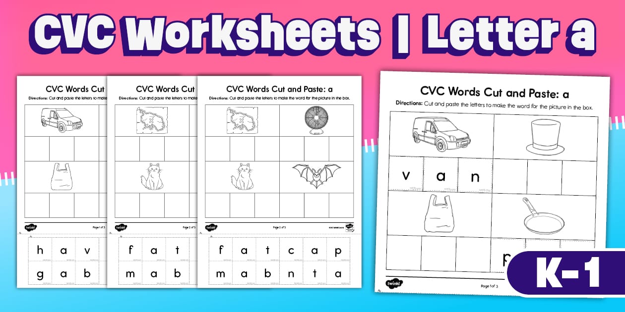 CVC Words 'a' Cut and Paste Worksheets for K-1st Grade