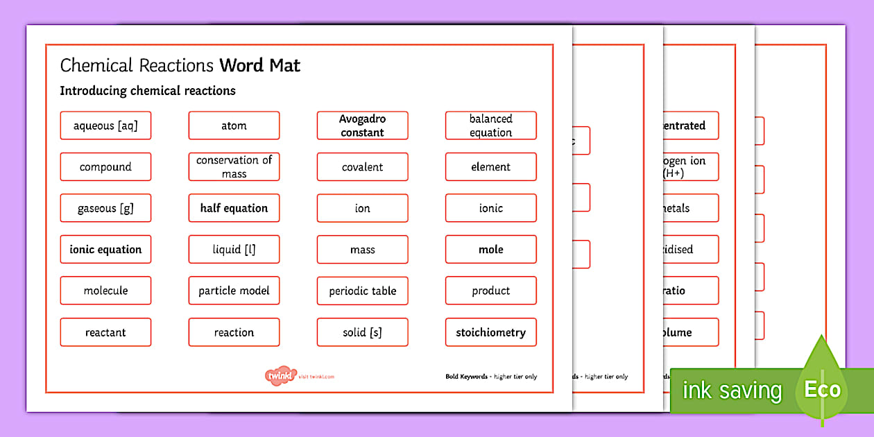 OCR Gateway Chemistry Chemical Reactions Word Mat - Twinkl