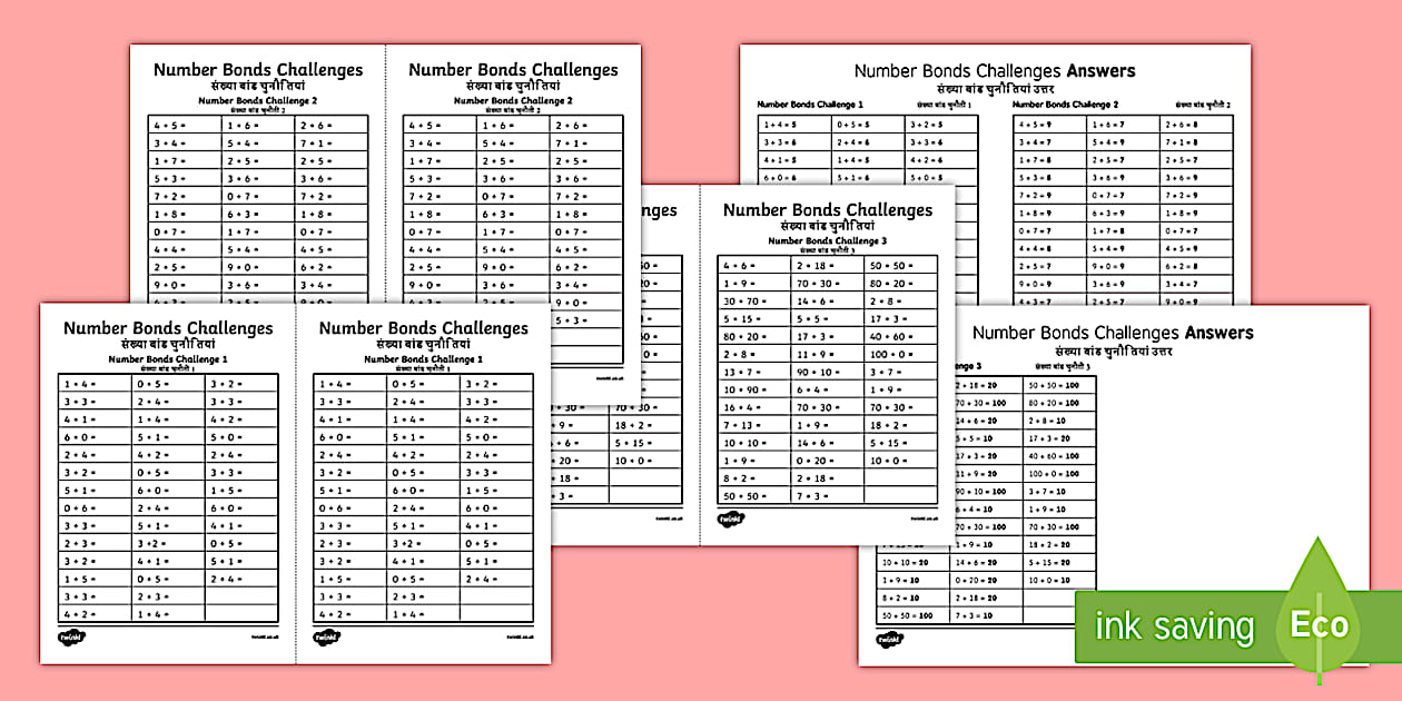Number Bond Challenge Worksheet - English / Hindi हिंदी