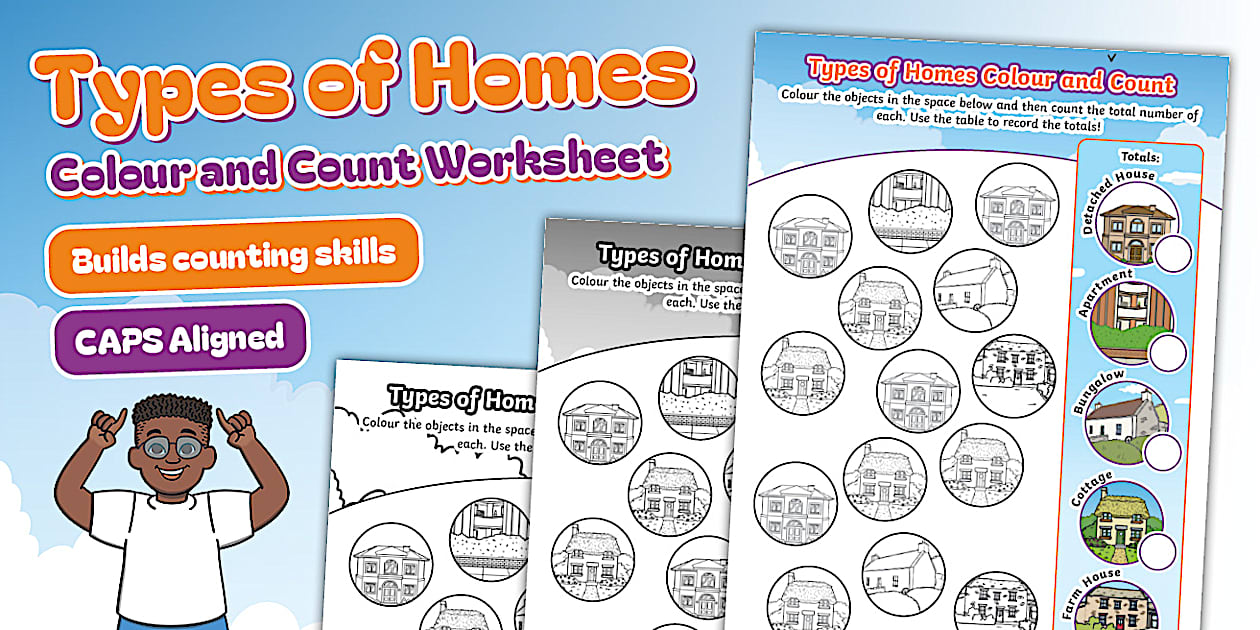 * NEW * Foundation Phase Maths - Types of Homes - Colour and Count Worksheet