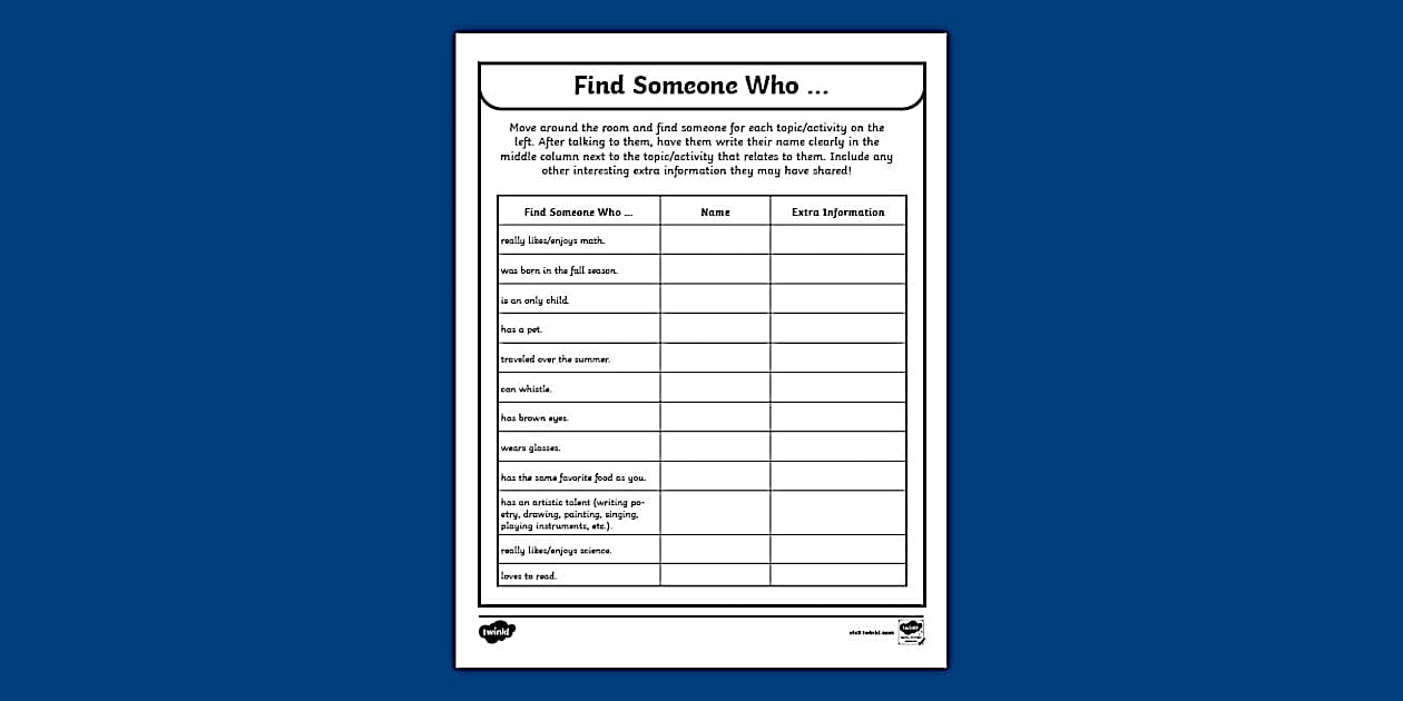 Seventh Grade Find Someone Who: Get To Know You Worksheet