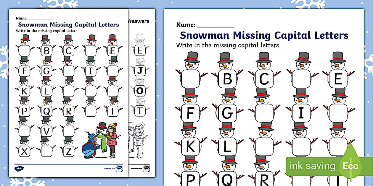 Snowman Missing Capital Letters Worksheet | Twinkl | KS1