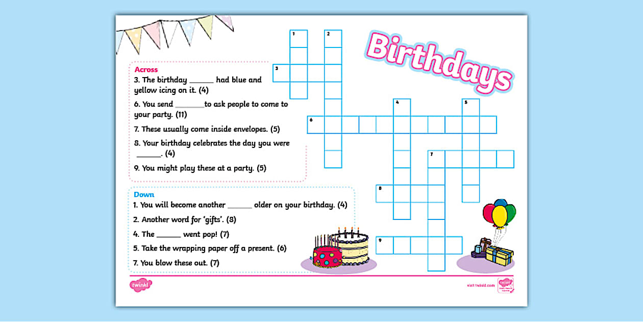 Birthday-Themed Crossword - KS1 (teacher made) - Twinkl