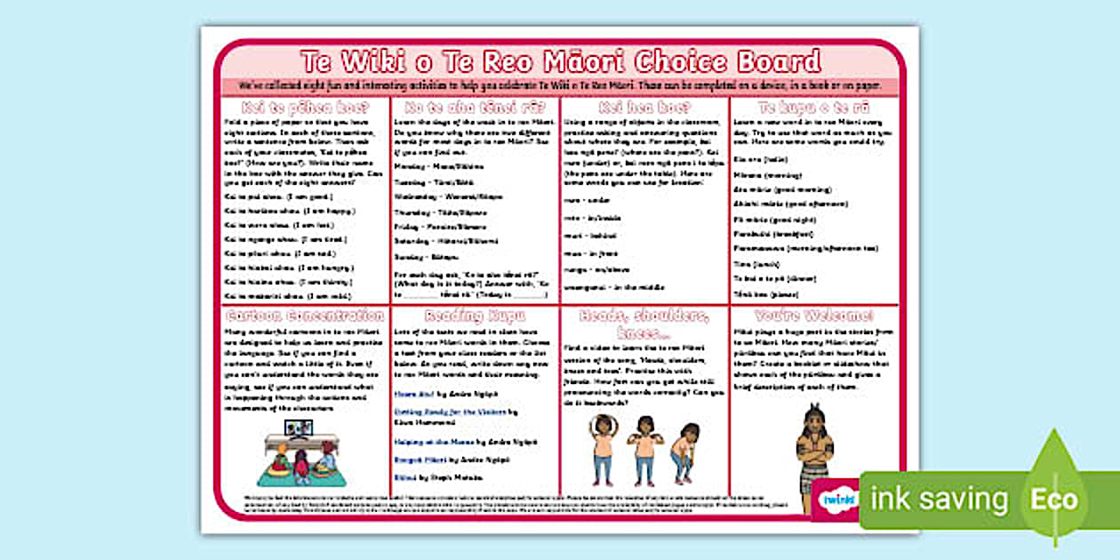 Te Wiki o Te Reo Māori Choice Board Y2-4