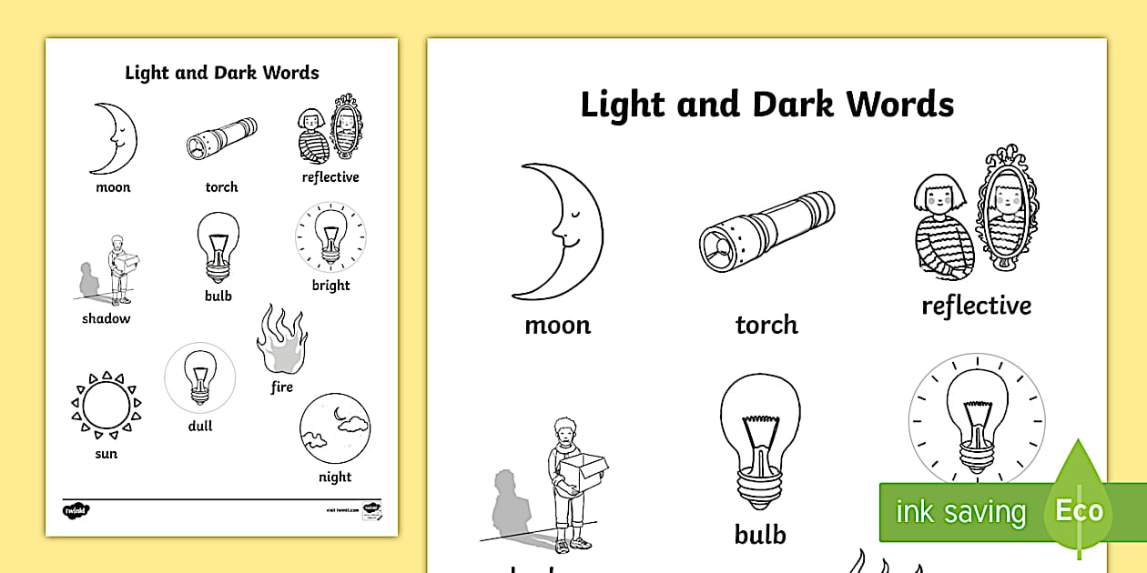 Light and Dark Words Colouring Sheet (teacher made) - Twinkl