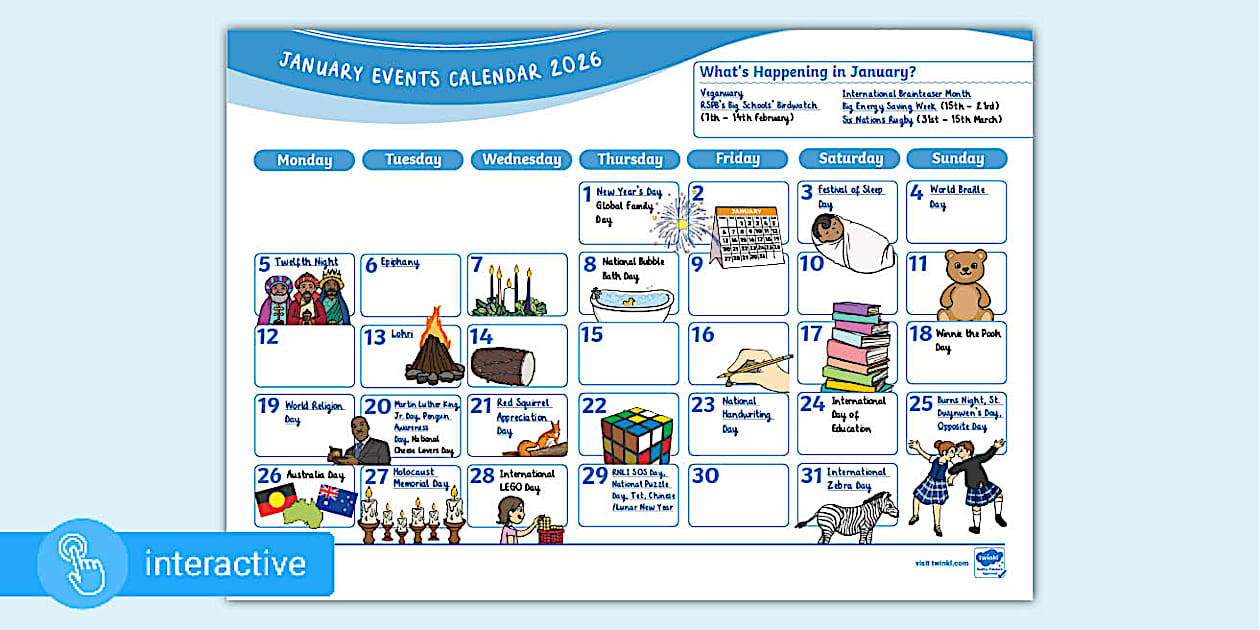 January Events Calendar (2025) (teacher made) - Twinkl