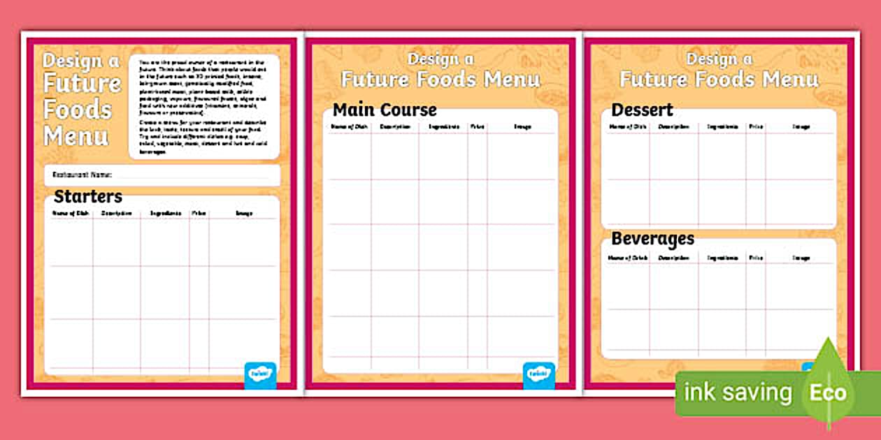 Future Foods Menu Activity - Twinkl