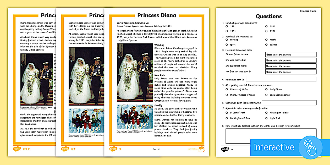 Princess Diana Differentiated Comprehension Go Respond Worksheets