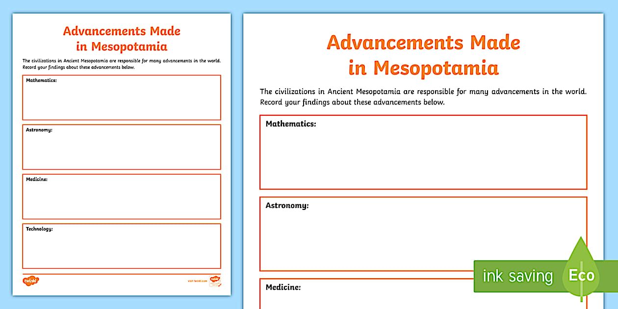 Advancements Made in Mesopotamia Worksheet - Twinkl