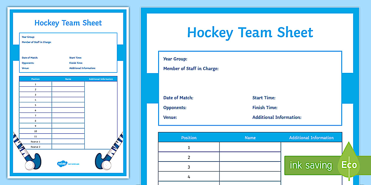 Hockey: Team Sheet Editable Proforma (Teacher-Made) - Twinkl