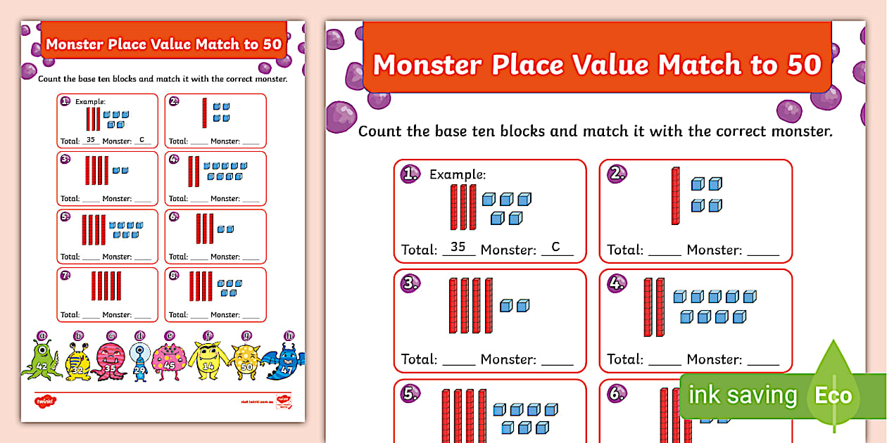 Monster Place Value to 50 Activity Sheet (teacher made)