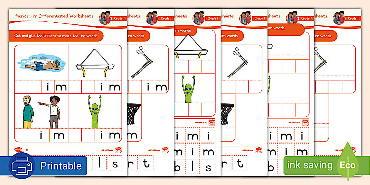 Grade 1 Phonics: -im Differentiated Worksheets - Twinkl