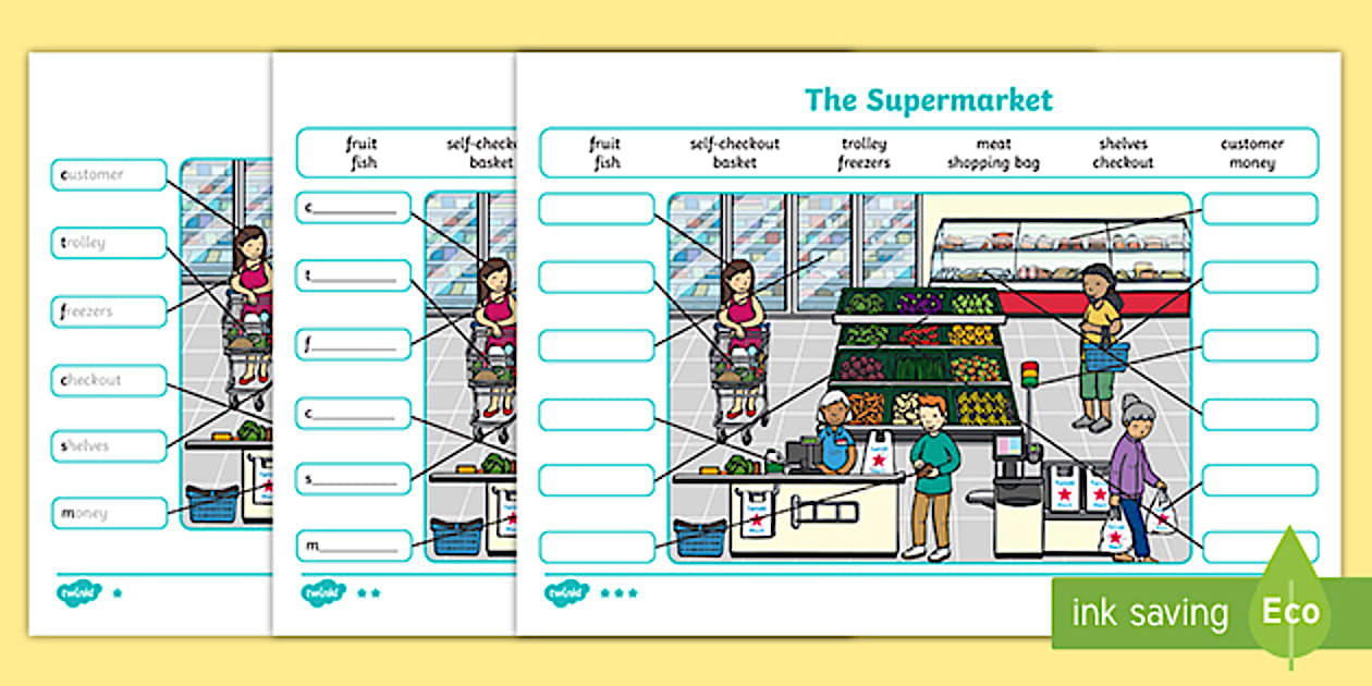 Editable The Supermarket Aistear Labelling Differentiated Worksheets