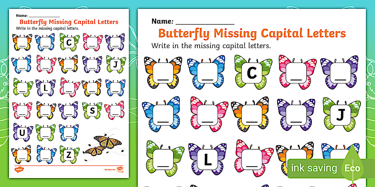Butterfly Missing Capital Letters Worksheet - Twinkl