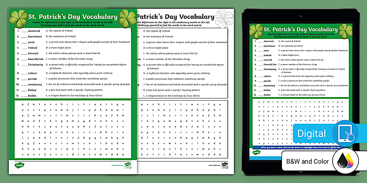 St Patrick's Day Vocabulary Words Activity | Twinkl USA