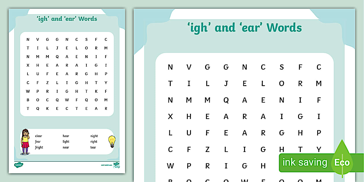 'igh' and 'ear' Words - Word Search | Phase 3 Phonics