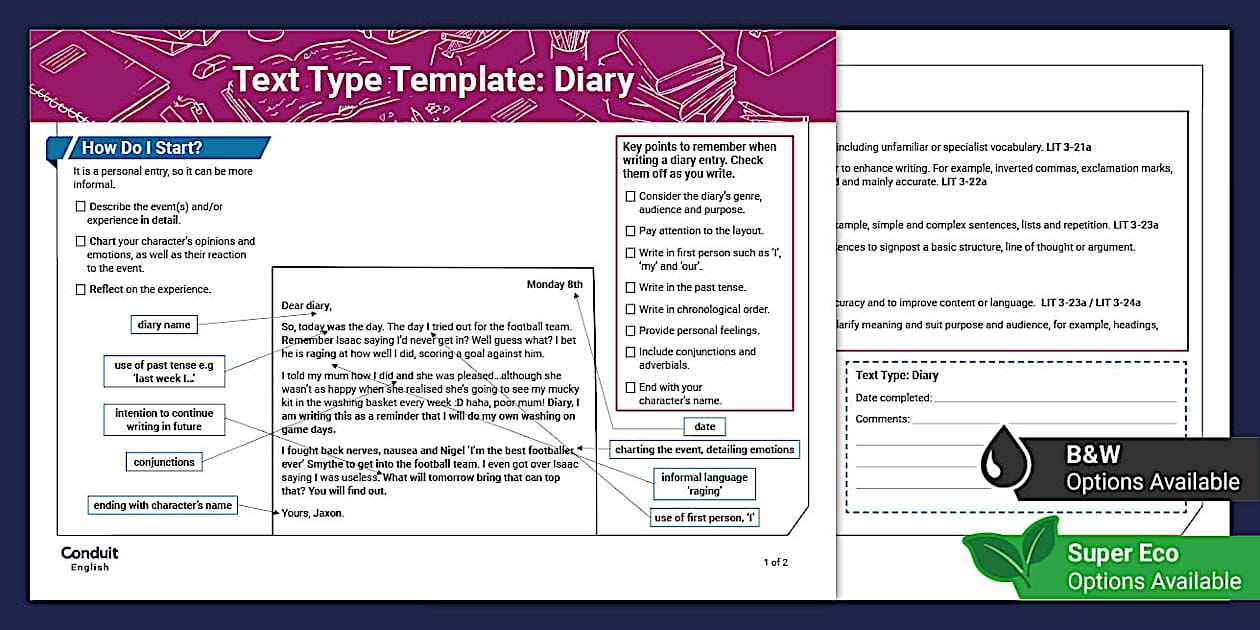 Text Type Template: Diary (teacher made) - Twinkl