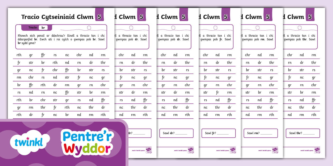 Pentre'r Wyddor: Taflenni Tracio Cytseiniaid Clwm 5