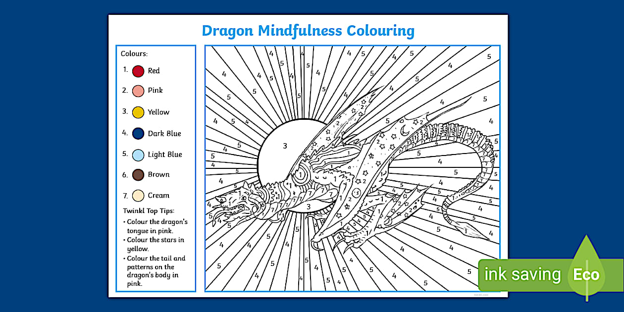 Dragon Mindfulness Colour-by-Number Worksheet | Twinkl | KS1