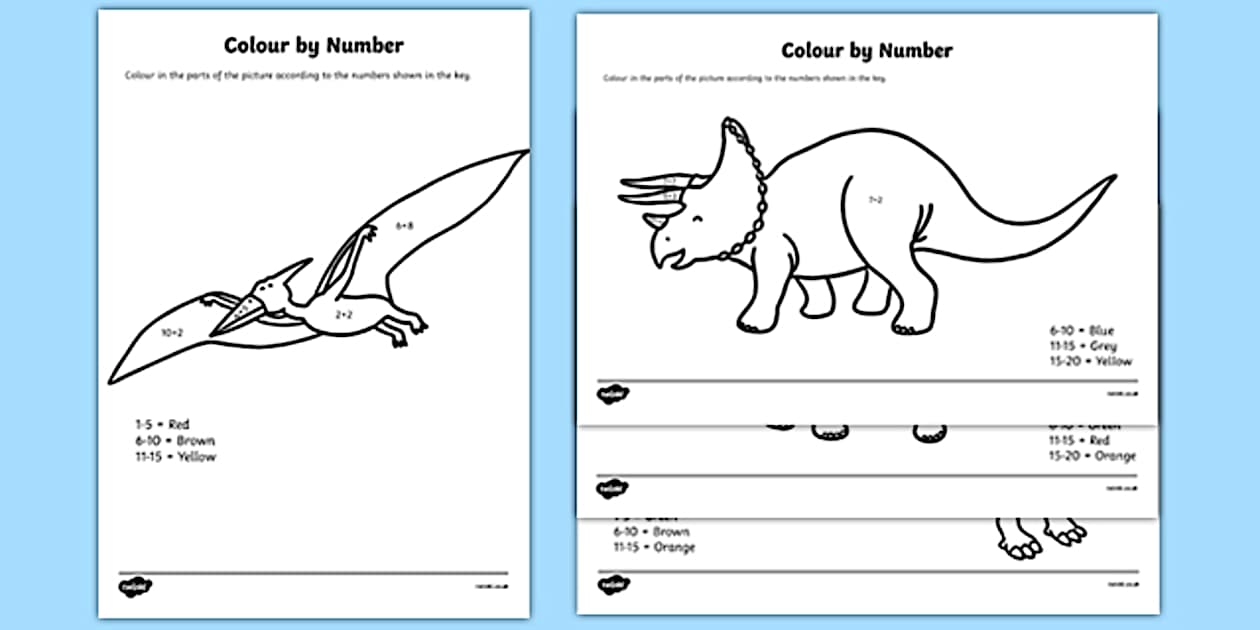 Dinosaurs Colour by Number Addition Up to 10 and 20 - Twinkl