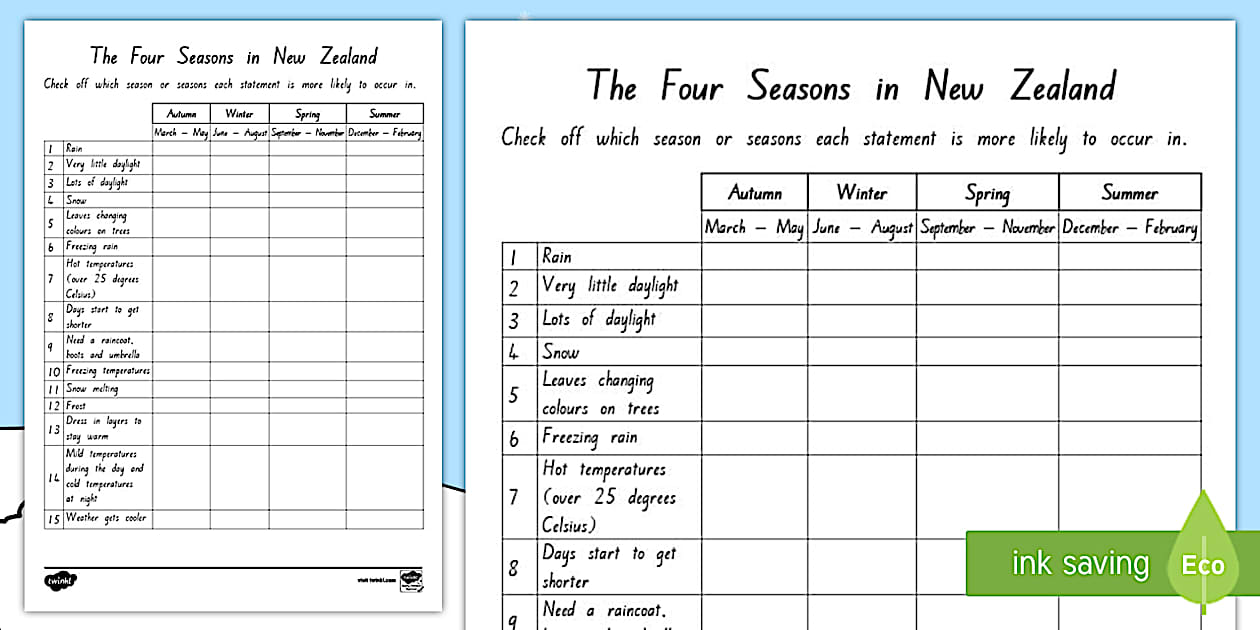 The Four Seasons in New Zealand Activity - Twinkl