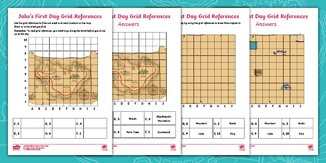 Jake's First Day Treasure Map Grid References Worksheets