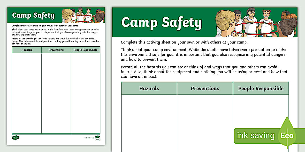 NZ Camp Safety and Hazards Worksheet / Worksheet - Twinkl