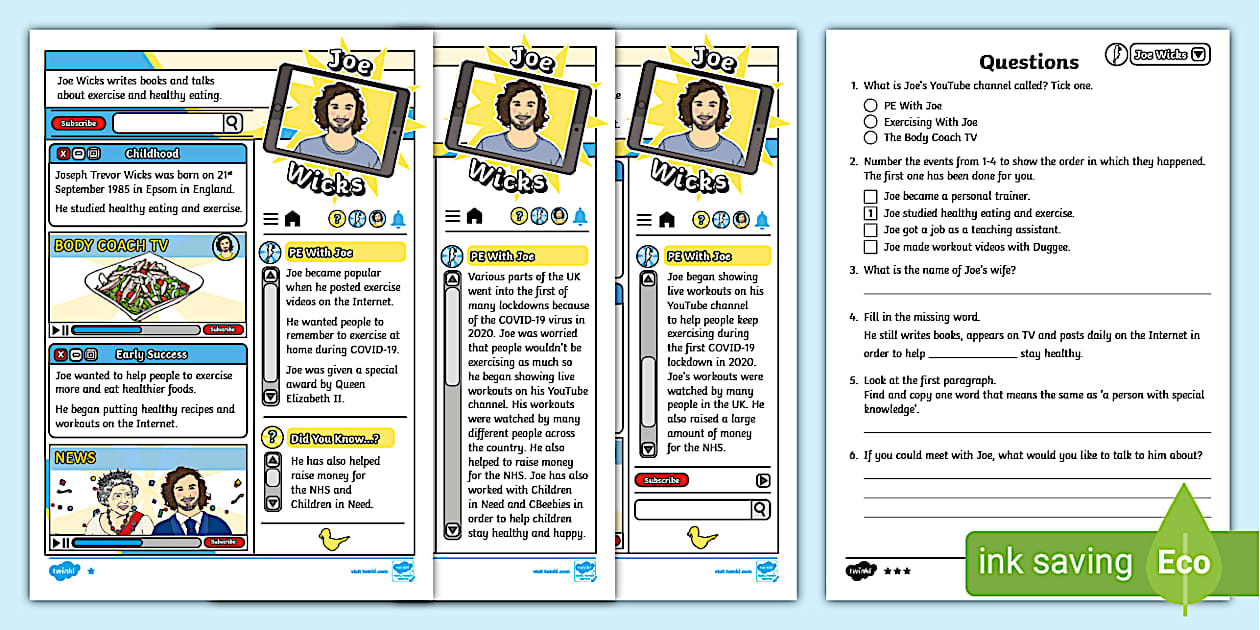 KS1 Joe Wicks Differentiated Reading Comprehension Activity