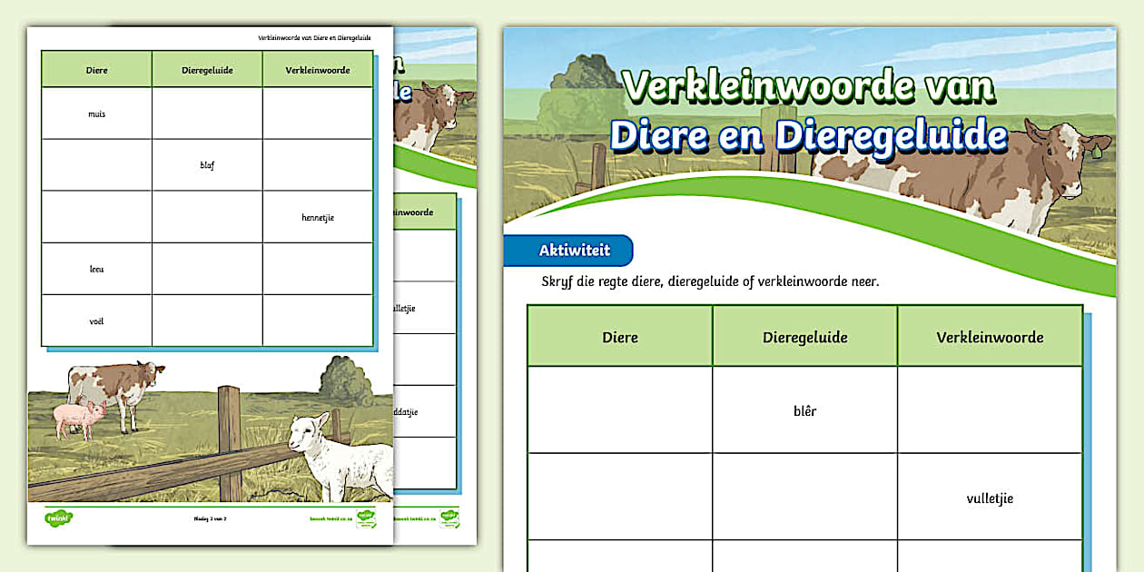 Hersiening: Verkleinwoorde van Diere en Dieregeluide Gr 5 Aktiwiteit