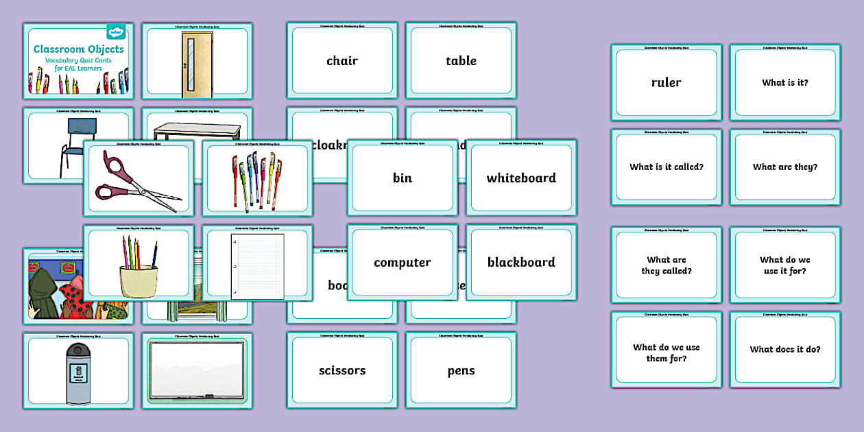 Classroom Objects Vocabulary Quiz Cards for EAL Learners