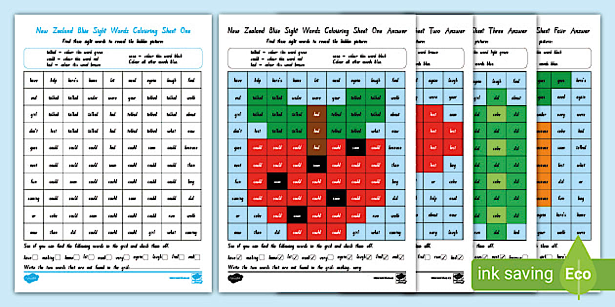 New Zealand Blue Sight Words Mosaic Colouring Sheets