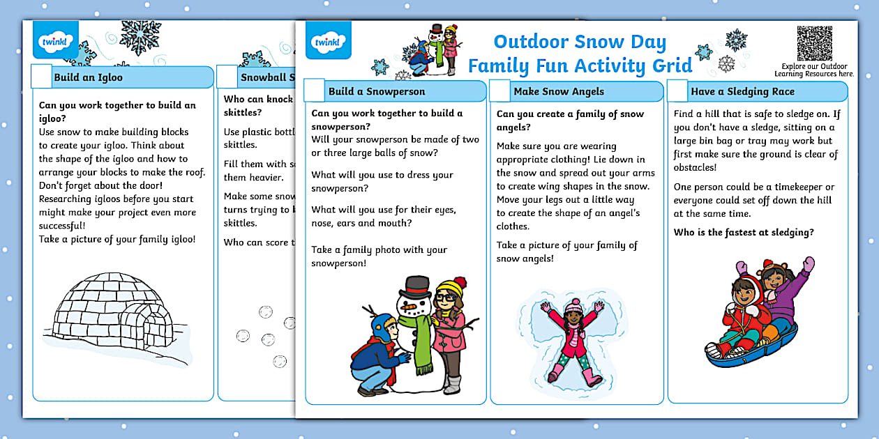 Outdoors Snow Day Family Fun Activity Grid