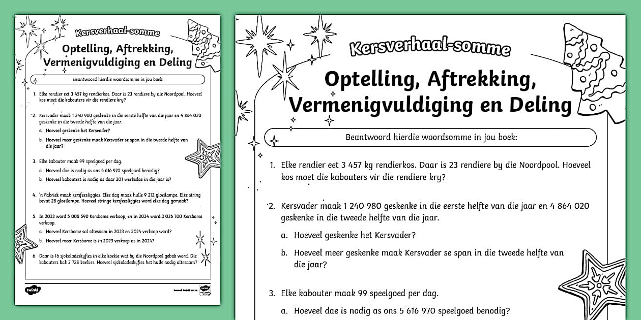 Graad 7 Wiskunde: Kersverhaal-somme: Optel, Aftrek, vermenigvuldig en deel.