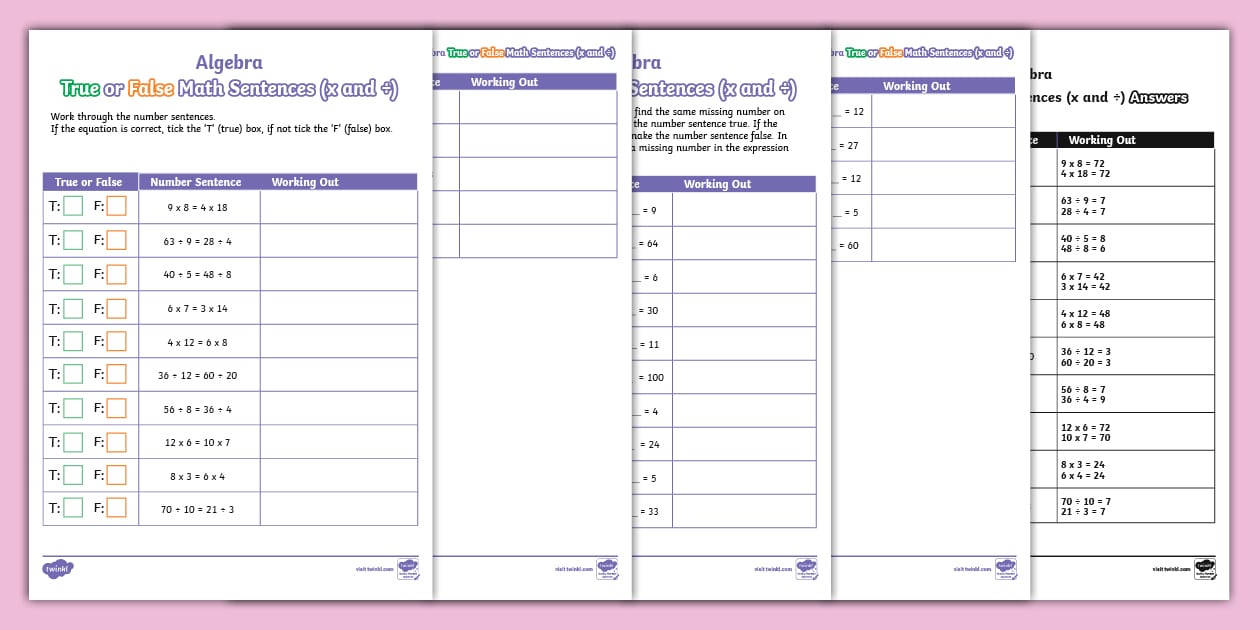 Algebra (Phase 2) - True or False Number Sentences (x and ÷) Worksheets