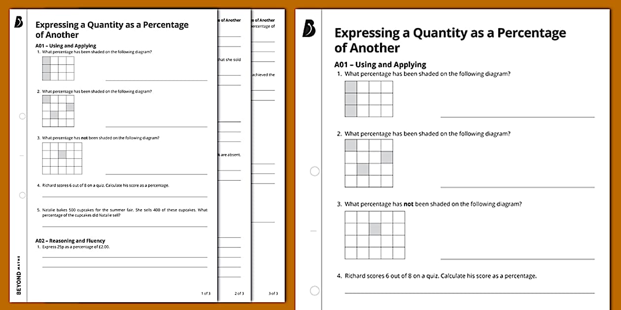 Expressing a Quantity as a Percentage of Another Differentiated Worksheets
