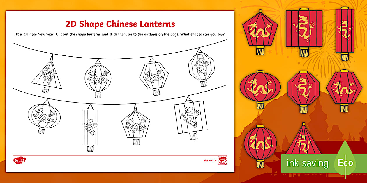 Black and White 2D Shape Chinese Lanterns Cutting Skills Worksheet