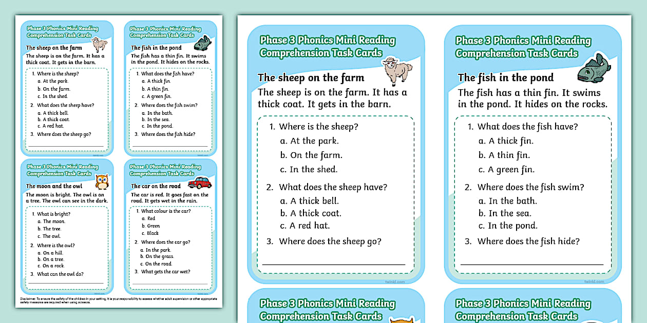 Phase 3 Phonics Mini Reading Comprehension Task Cards