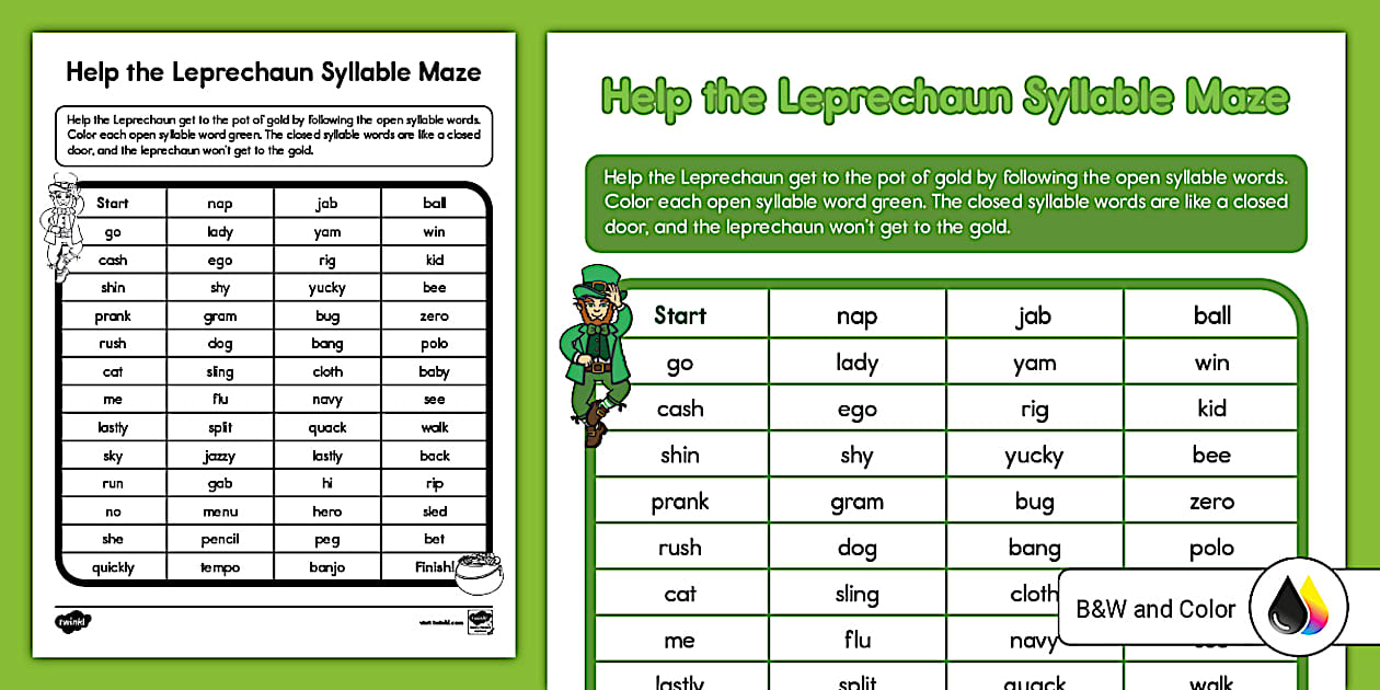 Prep-free Leprechaun Syllable Maze Worksheet | Twinkl USA