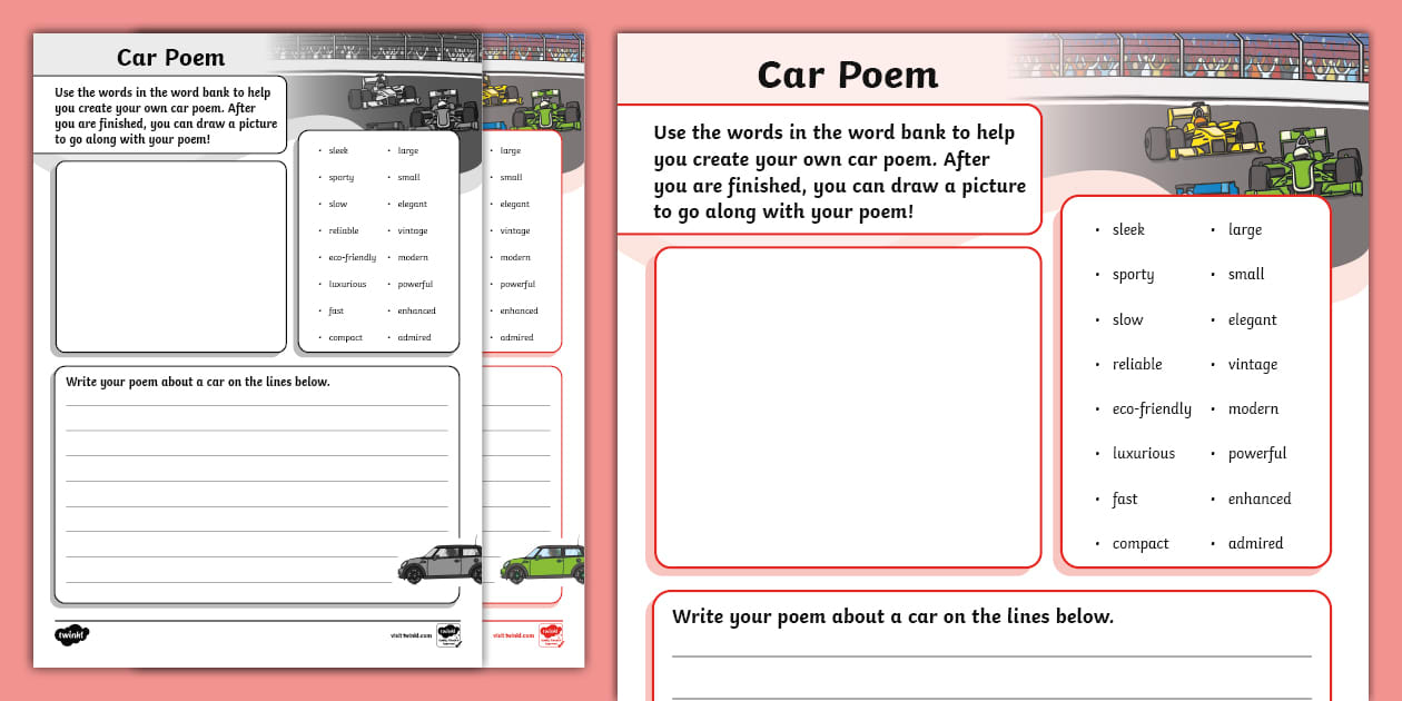 Car Poem Writing Template - Twinkl English - Twinkl