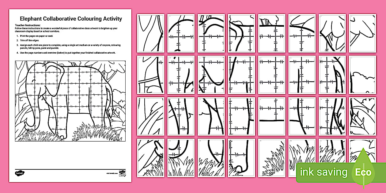 Elephant Collaborative Colouring Activity (teacher made)