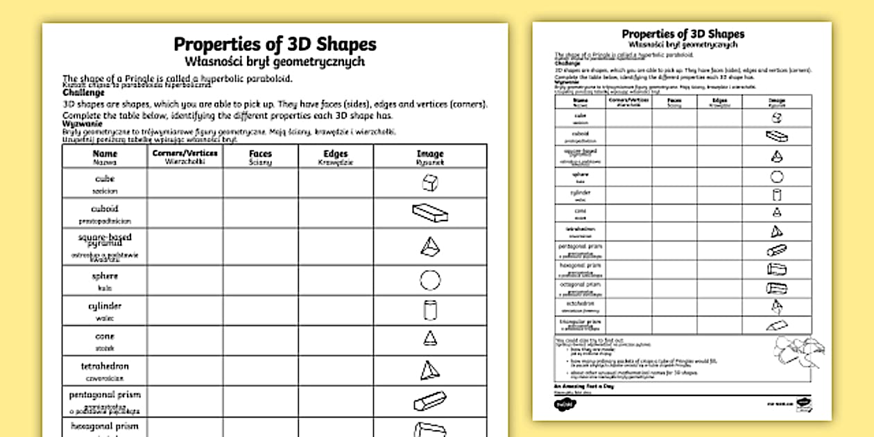 Properties of 3D Shapes Worksheet / Worksheet English/Polish ...